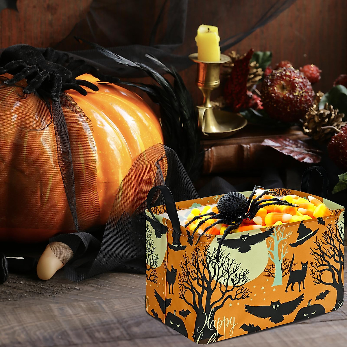 KUNRO Owl Pattern Halloween Storage Gift Basket Canvas Storage Bins with Handles Rectangle Storage Cubes Organizer for Bedroom Living Room