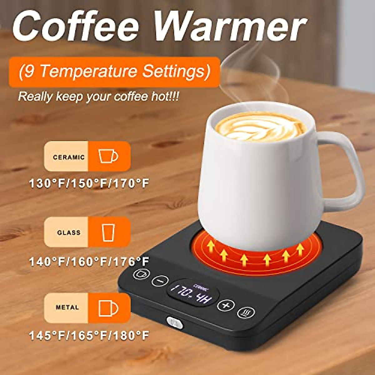 Feify Coffee Mug Warmer，Electric Coffee Warmer for Desk Home Office, Auto On/Off Gravity-Induction Smart Cup Warmer with 9 Temperature Setting，1-9 Timer Beverage Warmer Plate for Candle Milk Tea Black