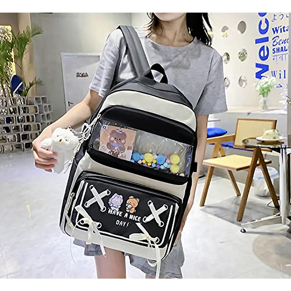 DUOBAOYU 5PCS Kawaii Backpack Set with Cute Pendants and Pins Accessories Aesthetic Rucksack for Teen Girls 17in Cute School Bags Bookbag with Shoulder Bag,Pencil Box,Tote Bag,Small Bag,Black