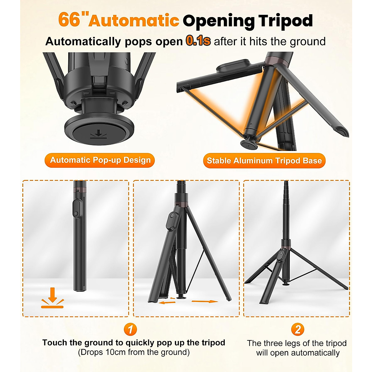 TONEOF 66" Automatic Phone Tripod with Magnetic Rechargable Remote,Selfie Stick 360° Vertical & Horizontal Rotatable,Stable for iPhone/Android(Black)