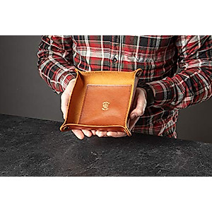 USA Made Premium Leather Valet Tray, Folds Flat! Little Buddy Dice Rolling Basket and Organizer With Brass Snaps - Reinforced Felt Bottom - For Keys, Jewelry, Coin, EDC, Watch Storage Caddy - Chestnut