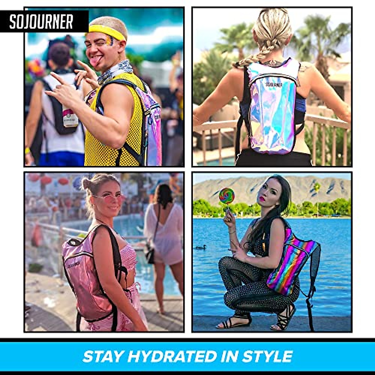 SOJOURNER Hydration Pack Backpack - 2L Water Bladder Included for Festivals, Raves, Hiking, Biking, Climbing, Running and More (Holographic - Pale Pink)
