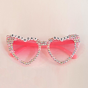 HokiiS Birthday Glasses for Women, Birthday Queen Sunglasses Pink Heart Shaped Shiny Bling Diamond Pearl Sunglasses for Girl Happy Birthday Party Gift Supplies Accessories Favors
