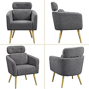 Yaheetech Accent Chair, Cozy Living Room Chair Adjustable Headrest, Boucle Vanity Chair Lumbar Pillow Golden Legs, Modern Armchair Bedroom, Dark Gray