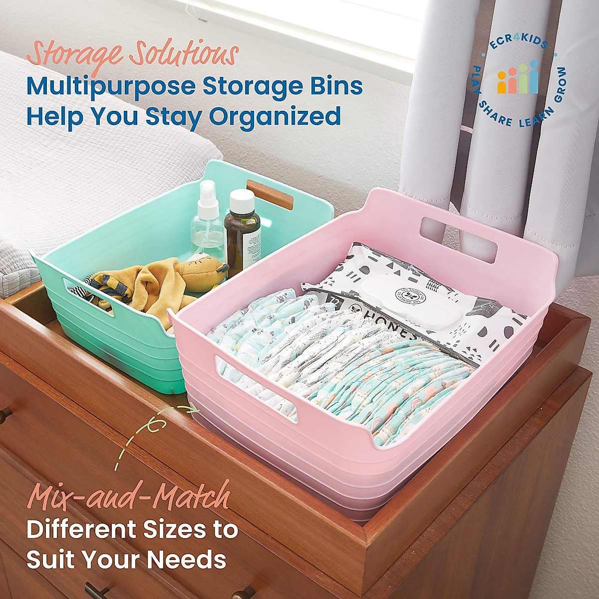 ECR4Kids Bendi-Bins with Handles, Multipurpose Flexible Plastic Storage Baskets, Stackable Baskets, Soft Plastic Storage Bin, 13in x 10in, 6-Piece (Pastel)