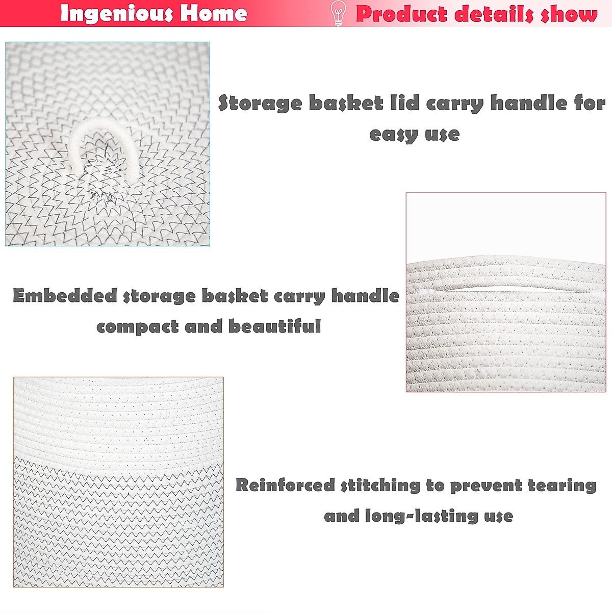 Ingenious Home –basket with lid, woven baskets for storage, nursery hamper with lid, for room living room decorative storage， multi-Purpose lidded basket( Gray line 16D x 14H inch)