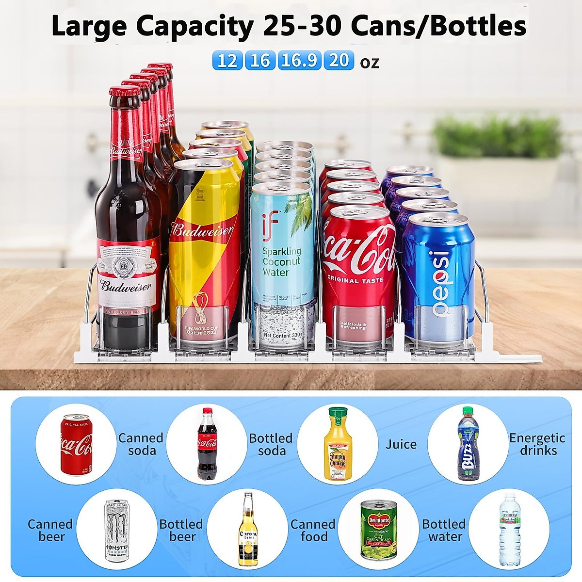 Drink Organizer for Fridge, Self-Sliding Soda Can Organizer for Refrigerator and Adjustable Width, 12oz 16oz 20oz drinks can be accommodated, up to 40+ Cans（5+3 ROWS）