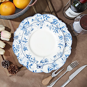 fanquare Vintage 11 Inch Porcelain Dinner Plates Set of 4, Blue Floral Ceramic Serving Plates, Microwavable Plates