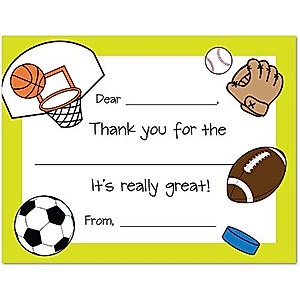 MyExpression.com 20 Sports Theme Kids Fill-in Birthday Thank You Cards - Green