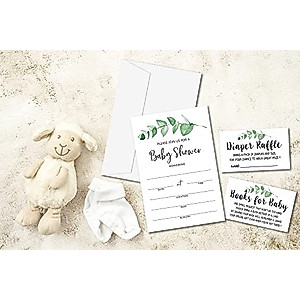 Baby Shower Invitation Kit, Diaper Raffle Games, Books For Baby, Greenery, Eucalyptus Baby Gender Reveal Fill In Invites Cards, Each Design 25 Cards & 25 Envelopes （A Total of 100 set）- BABYSET-017