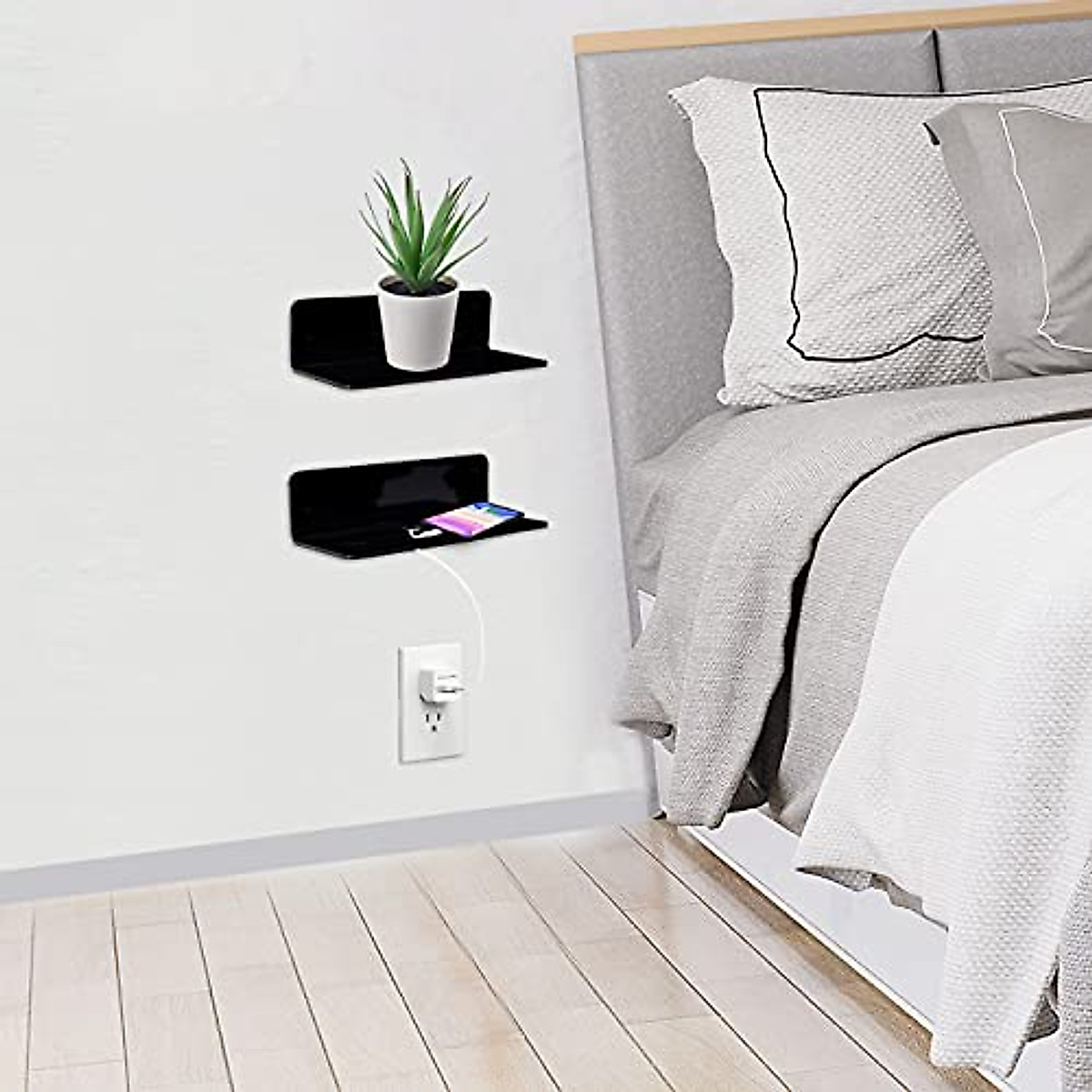 2 Pack - Acrylic Floating Wall Shelves | Great for Bedroom, Kitchen, Office or Bathroom | Great Bedside Shelf for Phone | No Drill or Tools Required