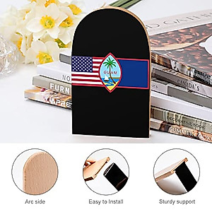 Guam Flag & American Flag Wood Book Ends for Shelves Non-Skid Bookend Book Stand Book Holder Stopper for Home Office School