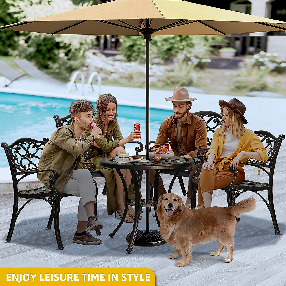 DWVO 30 Inches Round Patio Dining Table with Umbrella Hole, Antique Cast Aluminum Outdoor Bistro Table Outdoor Side Table for Backyard, Garden, Patio, Porch, Hammered Bronze