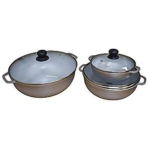 IMUSA USA Traditional Colombian Natural Caldero Glass Lid & Steam Vent 3-Piece (1.4/3.4/6.6) Quart, Silver (Dutch Oven Set)