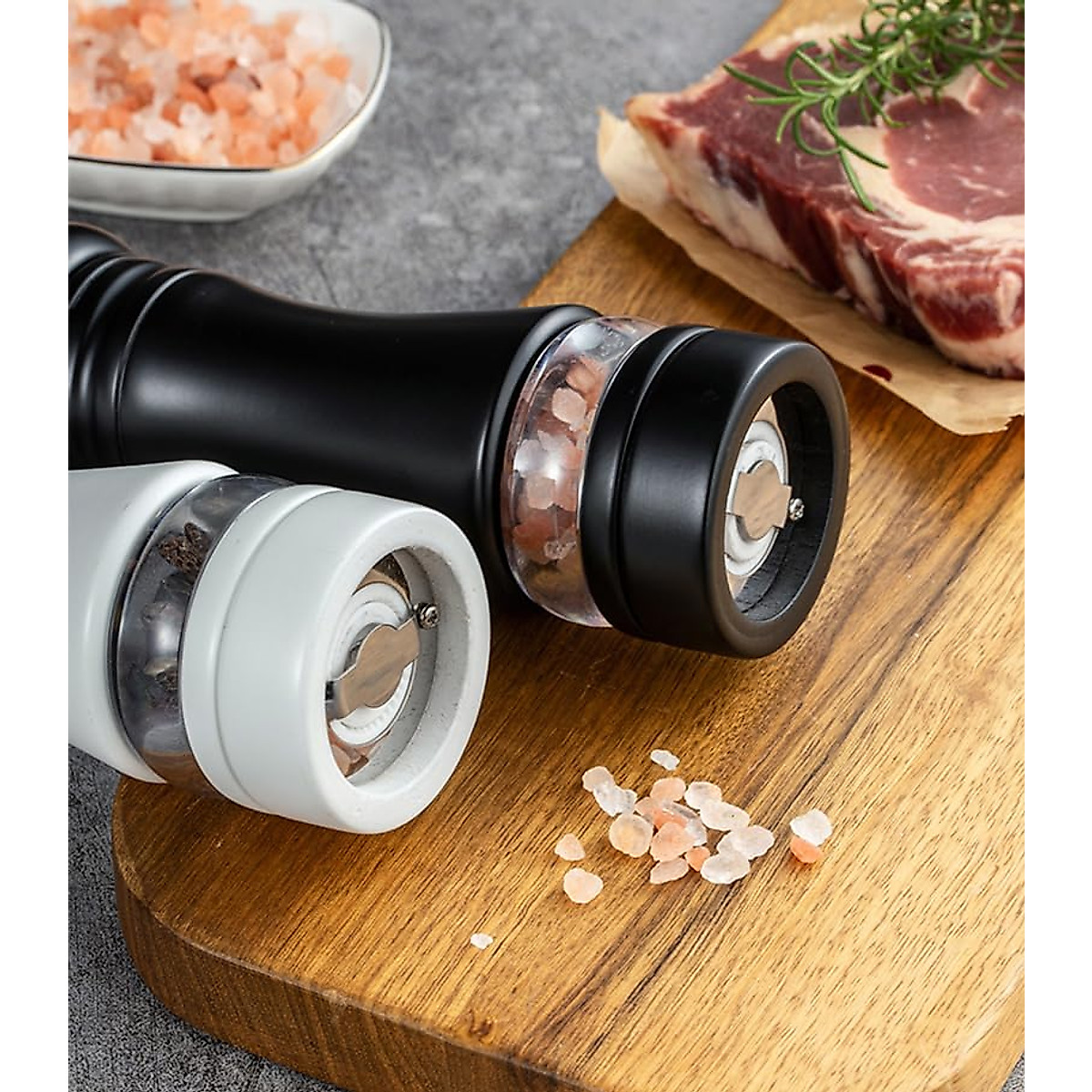 Ousyaah Salt and Pepper Grinder Set, Wooden Manual Salt & Pepper Shakers with Adjustable Coarseness Ceramic Mills, Refillable Grinder Mill Set with Acrylic Visible Window (2x White)