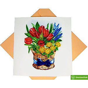 Mixed Flower basket, Quilling Card 3D,Unique Dedicated Handmade, Design Greeting Card for Birthday, Valentine's Day, Mothers Day, Spring, Fathers Day, Graduation, Wedding, All Occasion,6"x6"