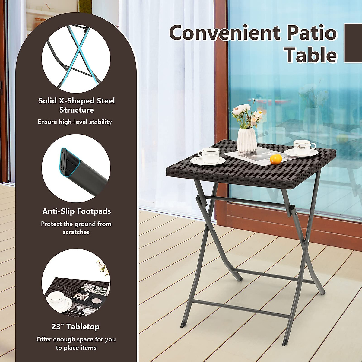 Tangkula 3 Piece Patio Bistro Set, Folding Wicker Chairs & Table Set, Solid Metal Frame, Outdoor Patio Furniture Set for Garden, Front Porch, Poolside, No Assembly Needs (Brown)