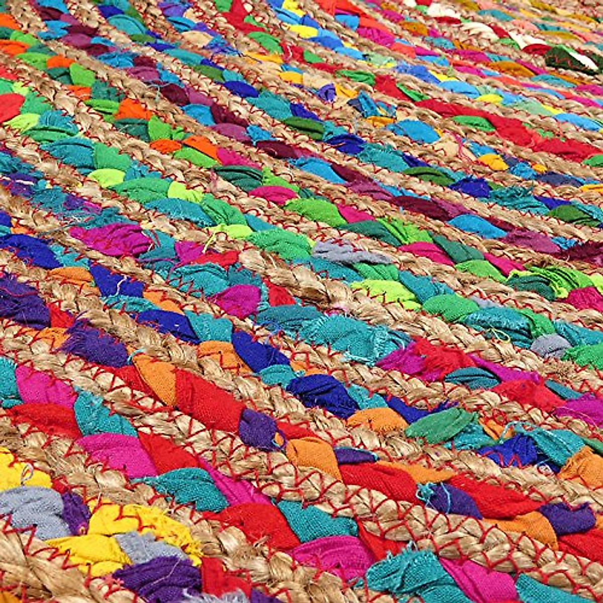 Eyes of India - 6 ft Round Colorful Natural Jute Chindi Sisal Woven Area Braided Rug Boho Chic Bohemian Accent Indian Handmade Handwoven