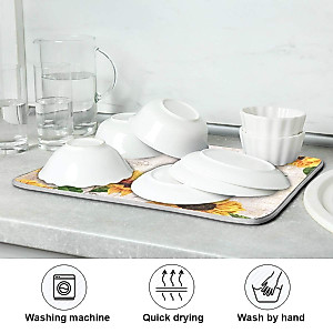 Qilmy Sunflowers Dish Drying Mat Water Absorption Tableware Drying Mat for Kitchen Countertop Home Decoration, 16 x 18 Inch Non Slip Dish Mats, Heat Resistant Countertop Protection