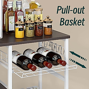 Wellynap Bakers Rack, 3-Tier Microwave Stand for Kitchens with Storage, Utility Storage Shelf with 5 Hooks and Basket for Spice Rack, White Oak