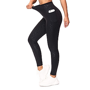 THE GYM PEOPLE Tummy Control Workout Leggings with Pockets High Waist Athletic Yoga Pants for Women Running, Fitness (Black Leopard, Large)