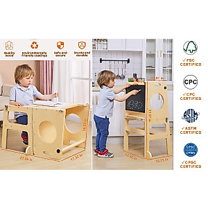 Foldable 4-in-1 Study Tower with Chalkboard for Learning, Montessori Kitchen Step Stool Toddlers Folding Stool for Kids 1-6years Ideal Helper