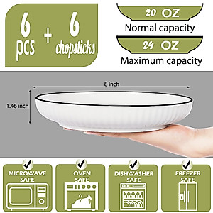 JDZTC Pasta Bowls Set Of 6 With Chopsticks White Ceramic Serving Salad Bowl 8 Inch Wide Shallow Plates Stoneware Kitchen Bowl Set
