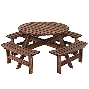 Giantex Wooden Picnic Table Set with Wood Bench, 4 Adults or 8 Kids Outdoor Round Table with Umbrella Hold Design, Perfect for Outdoor Garden Yard Pub Beer Dining, Dark Brown