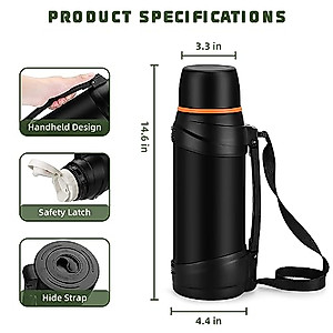 Beyoung 2000ML Large Coffee Thermoses for Cold & Hot, Portable 304 Stainless Steel Classic Vacuum Bottle with Plastic Cup and Hidden Strap for Sports Hiking Fishing (Black)