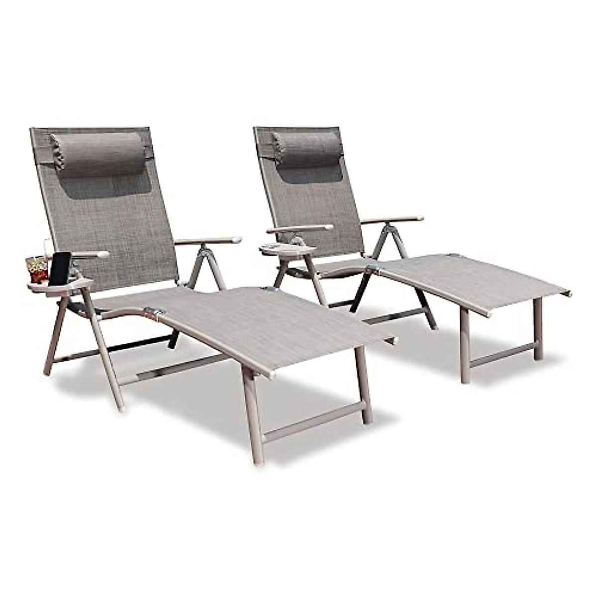 GOLDSUN Aluminum Outdoor Folding Adjustable Chaise Lounge Chair Set of 2 with Headrest and Tray for Patio Beach Porch Swimming Poolside, Set of Two, Grey