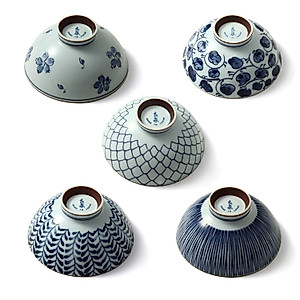 Mino Ware Japanese Pottery Set - Traditional Japanese Rice Bowls - Blue and White Asian Bowls - Hand Painted Bowls - Premium Japanese Ceramic - 5 pieces Japanese Soup Bowl Set