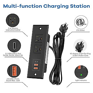 Recessed Power Strip with PD 20W USB C, Desk Outlet with 2 USB-A and 1 USB-C Ports, Recessed Power Socket Charging Station, Furniture Outlet for Drawer, Side Table, Sofa Table, 6.56FT Cord Flat Plug