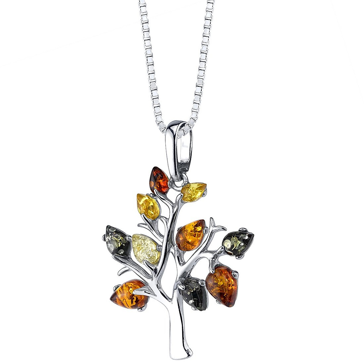PEORA Genuine Baltic Amber Tree of Life Pendant Necklace for Women 925 Sterling Silver, Rich Cognac, Olive Green and Light Yellow Colors, with 18 inch Chain