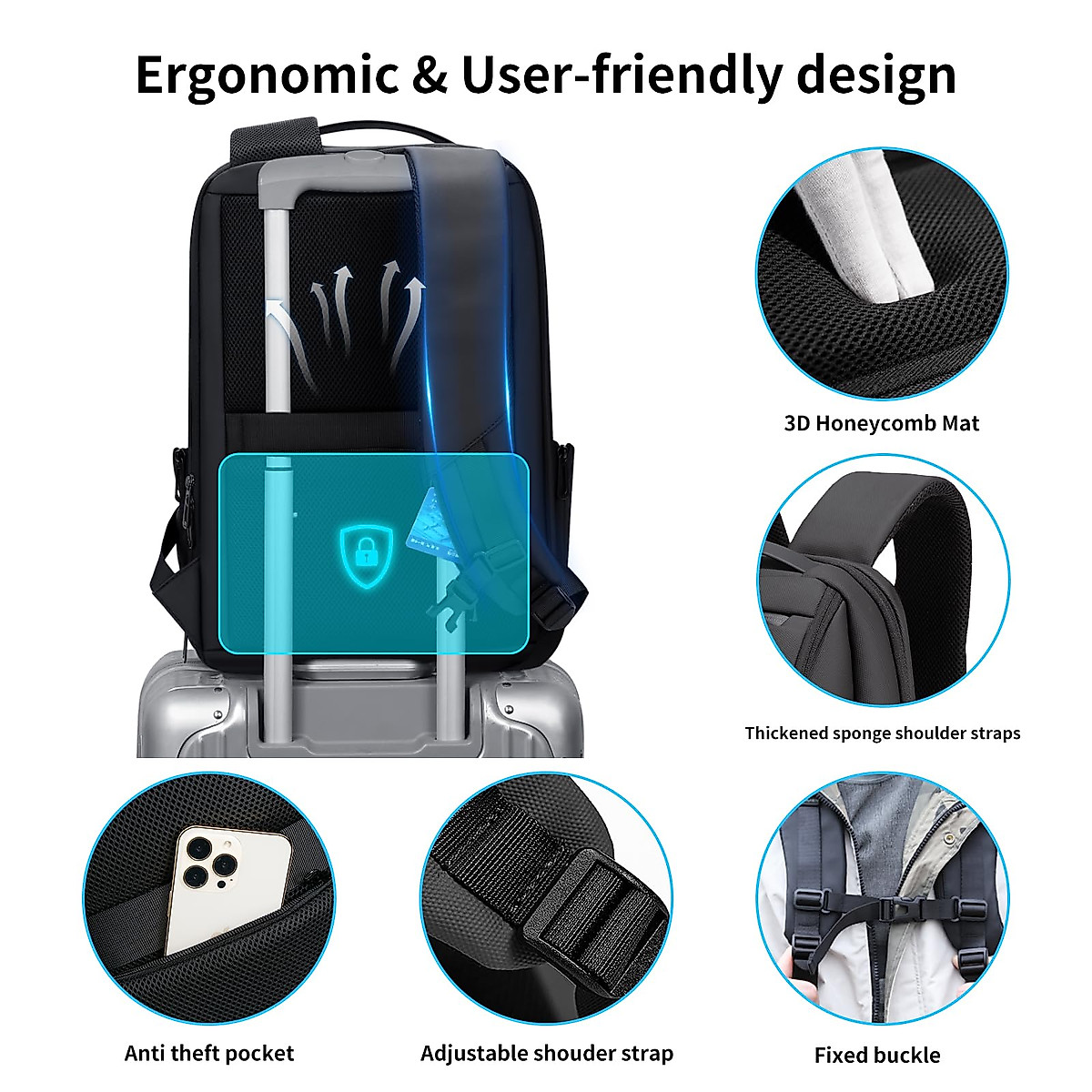 FENRUIEN Laptop Backpack for Men, 15.6 Inch Computer Anti-theft Waterproof Backpack with USB Charging Port and YKK Double Zippers, Business Mens Backpacks for Work Office School Travel