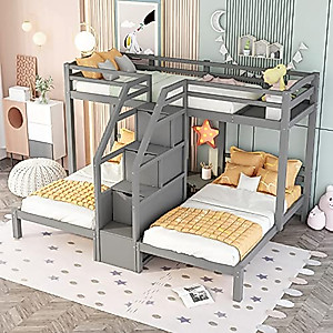 GAOWEI Triple Bunk Bed Twin Over Twin & Twin Bunk Bed with 3 Storage Staircase,Triple Bunk Bed for Kids,Triple Bunk Bed with Storage Stairs,Bedroom Furniture Pinewood Bed Frame (Staircase+Gray)