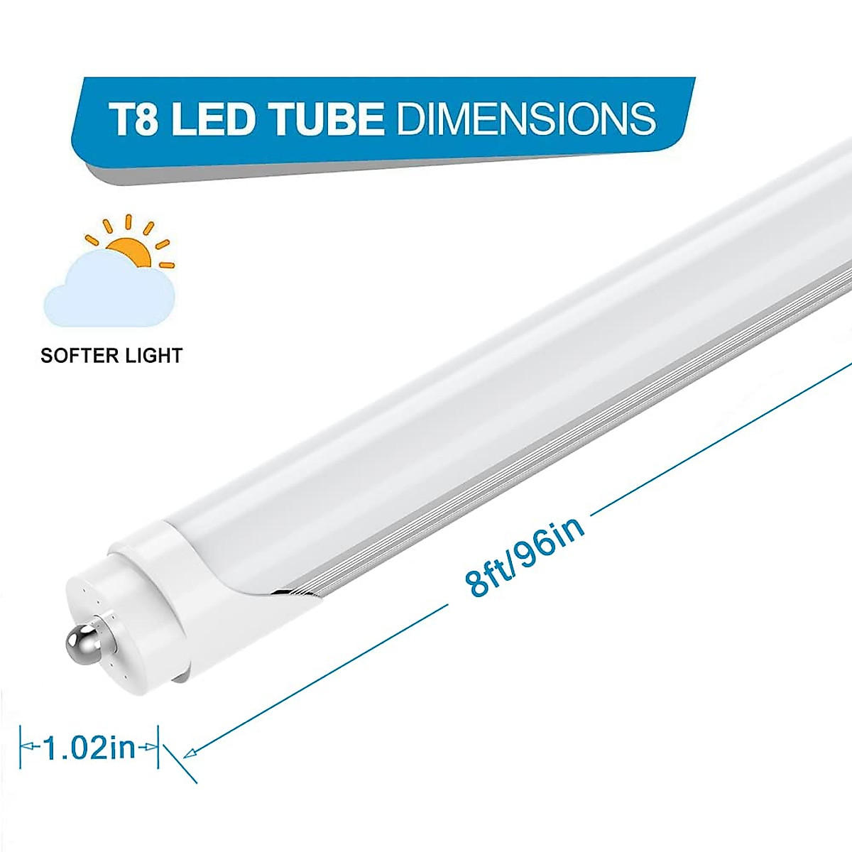 CNSUNWAY 8FT LED Bulbs, 45W 5400LM Super Bright, 5000K Daylight, T8 T10 T12 LED Tube Lights, FA8 Single Pin LED Lights, Frosted Cover, Ballast Bypass, Fluorescent Light Bulbs Replacement (25 Pack)