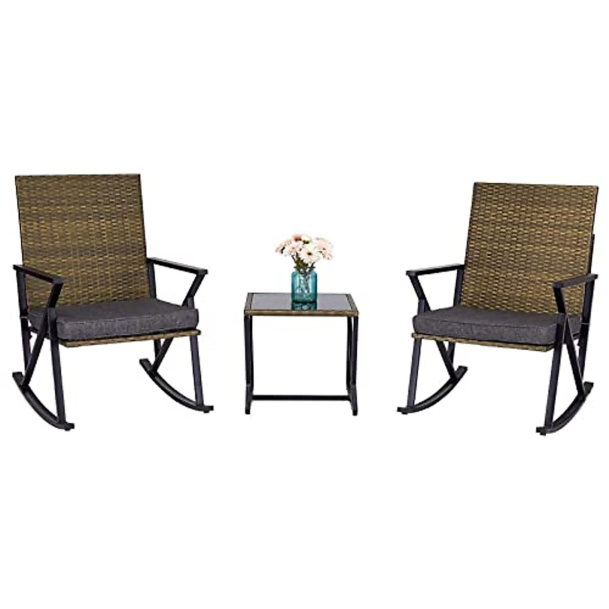 3-Piece Rattan Rocker Chair Outdoor Garden Bistro Set Rocking Chair Wicker Lounge with Cushion and Coffee Table (Dark Grey)