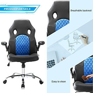 SMUG Gaming Chair Ergonomic Office Chair PU Leather Computer Chair High Back Desk Chair Adjustable Swivel Task Chair with Lumbar Support/Flip-up Armrests, Blue
