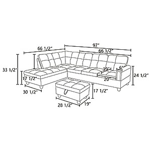 EZLUX Pearl White Faux Leather L-Shaped Left Chaise Sectional Sofa Couch Set with Ottoman for Living Room