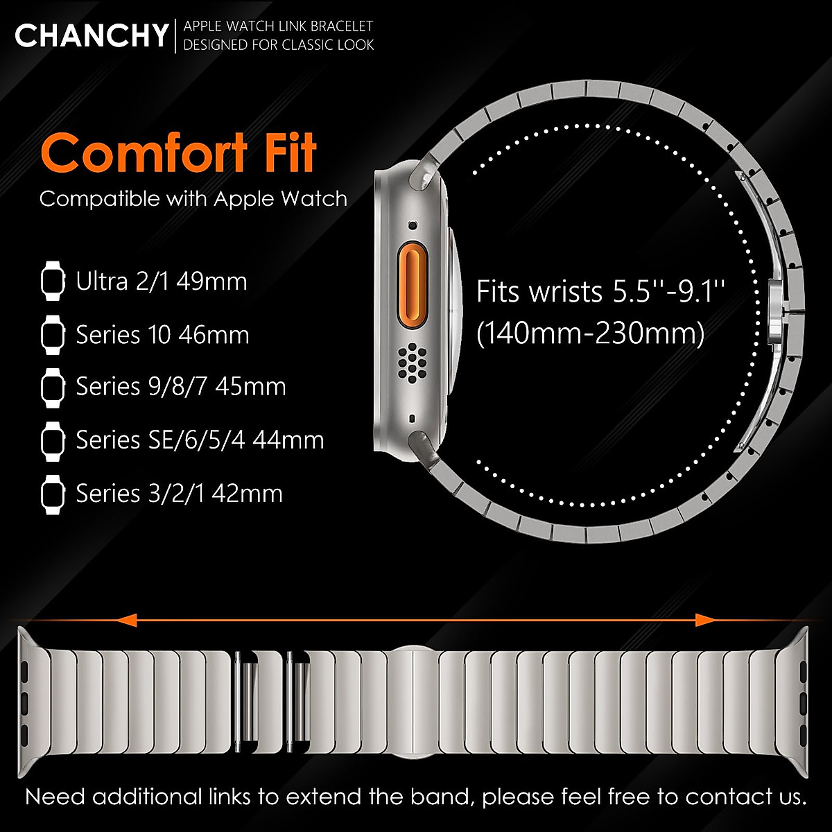 CHANCHY Stainless Steel Band for Apple Watch Ultra/Ultra 2 Link Bracelet 49mm 46mm 44mm 45mm, Metal Strap with Folding Clasp for Apple Watch Series 10 9 8 7 6 5 4 SE (Titanium, 49mm 46mm 45mm 44mm)