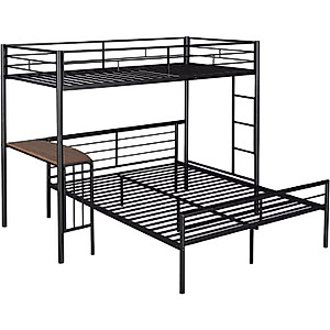 Twin Over Full Bunk Bed, Metal L-Shaped Bunk Bed Frame with Desk, Guardrail and Ladder, Space Saving Bed for Boys Girls, Convertible Into Twin Loft Bed & Full Platform Bed, Noise Free, Black