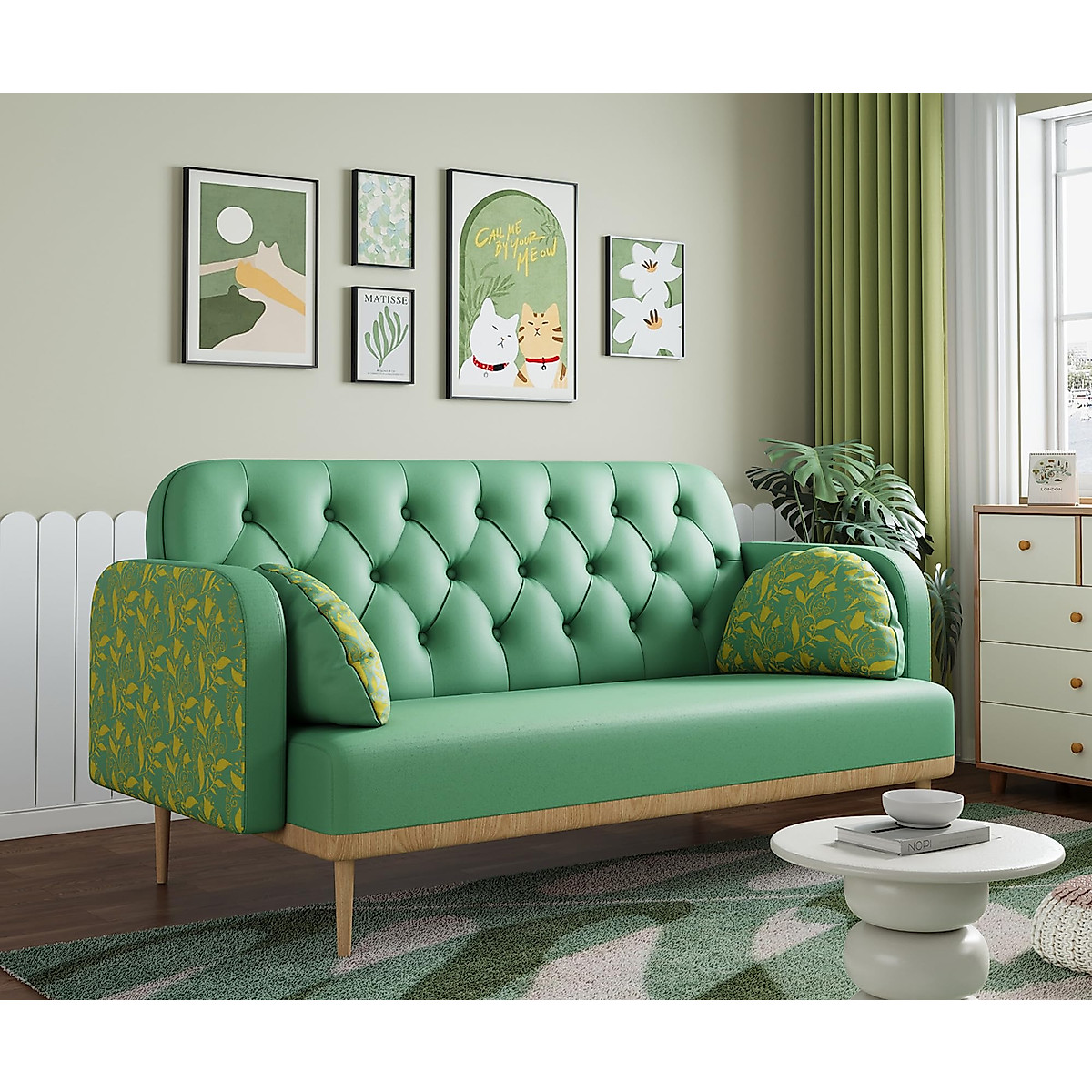 SZLIZCCC 55" Velvet Sofa Chair, Modern Low-Key Luxury Loveseat Sofa, Armrests and Pillows with Branch Jacquard Pattern, Golden Metal Legs (PU Green)