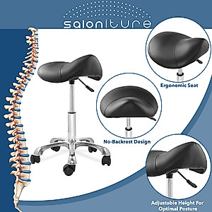 Saloniture Professional Ergonomic Saddle Stool, Black - Adjustable Hydraulic Seat, Rolling Spa Salon, Massage, and Medical Office Chair with Swivel Wheels