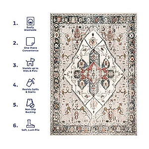 nuLOOM Mali Machine Washable Traditional Medallion Ultra Thin Area Rug, 8' x 10', Ivory