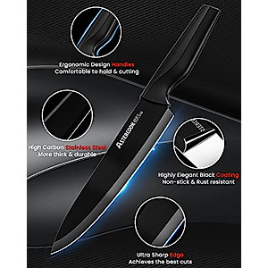 Astercook Knife Set, Kitchen Knife Set with Built-in Sharpener Block, Dishwasher Safe, 15 Pieces German Stainless Steel Knife Block Set, Black