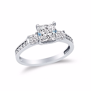 Size - 7 - Solid 14k White Gold Princess Cut Three 3 Stone Wedding Engagement Ring, CZ Cubic Zirconia (1.75 ct.)