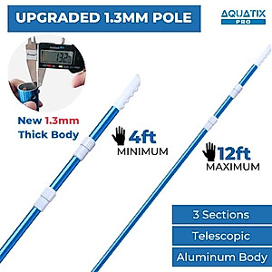 Aquatix Pro Swimming Pool Pole, 12 Foot, 1.3mm Commercial Thickness, Strong Holding Power, 3 Section 4-12ft Extendable Aluminium Telescopic Pole for Skimmer Nets, Vacuum Heads, Brushes, Grip & Lock