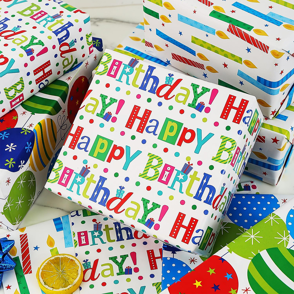 BOLIANNE Birthday Wrapping Paper for Boys Girls Kids Men Women - Gift Wrapping Paper with Balloon 'Happy Birthday' Candles, 6 Large Sheets Gift Wrap for Holiday Party, Folded Flat, 27 X 37 Inch