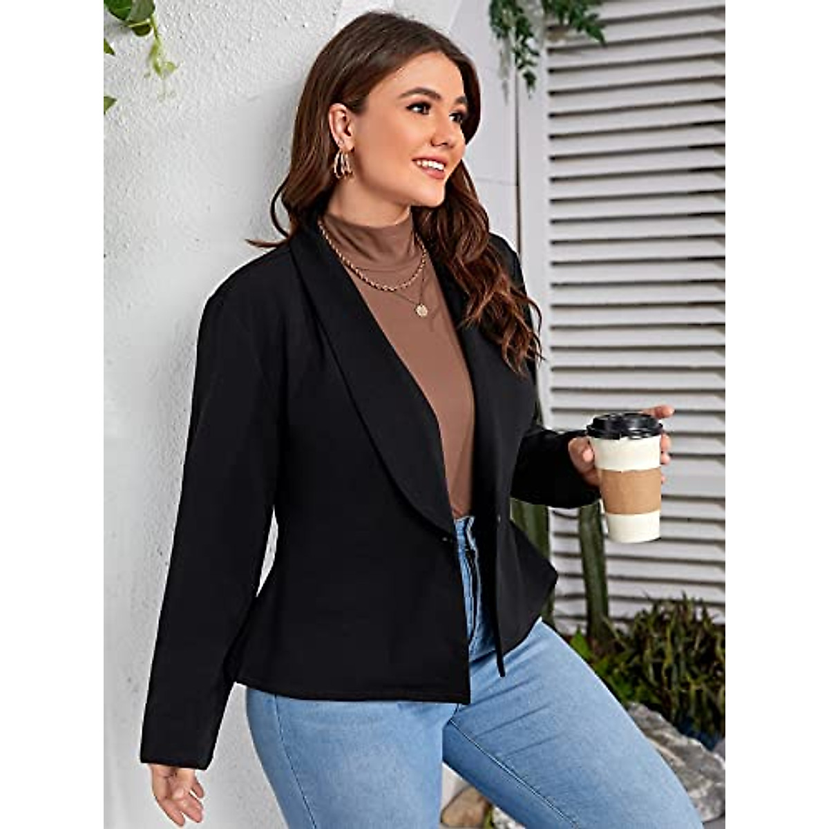 WDIRARA Women's Plus Size Button Ruffle Hem Long Sleeve Office Blazer Jacket Black 1XL