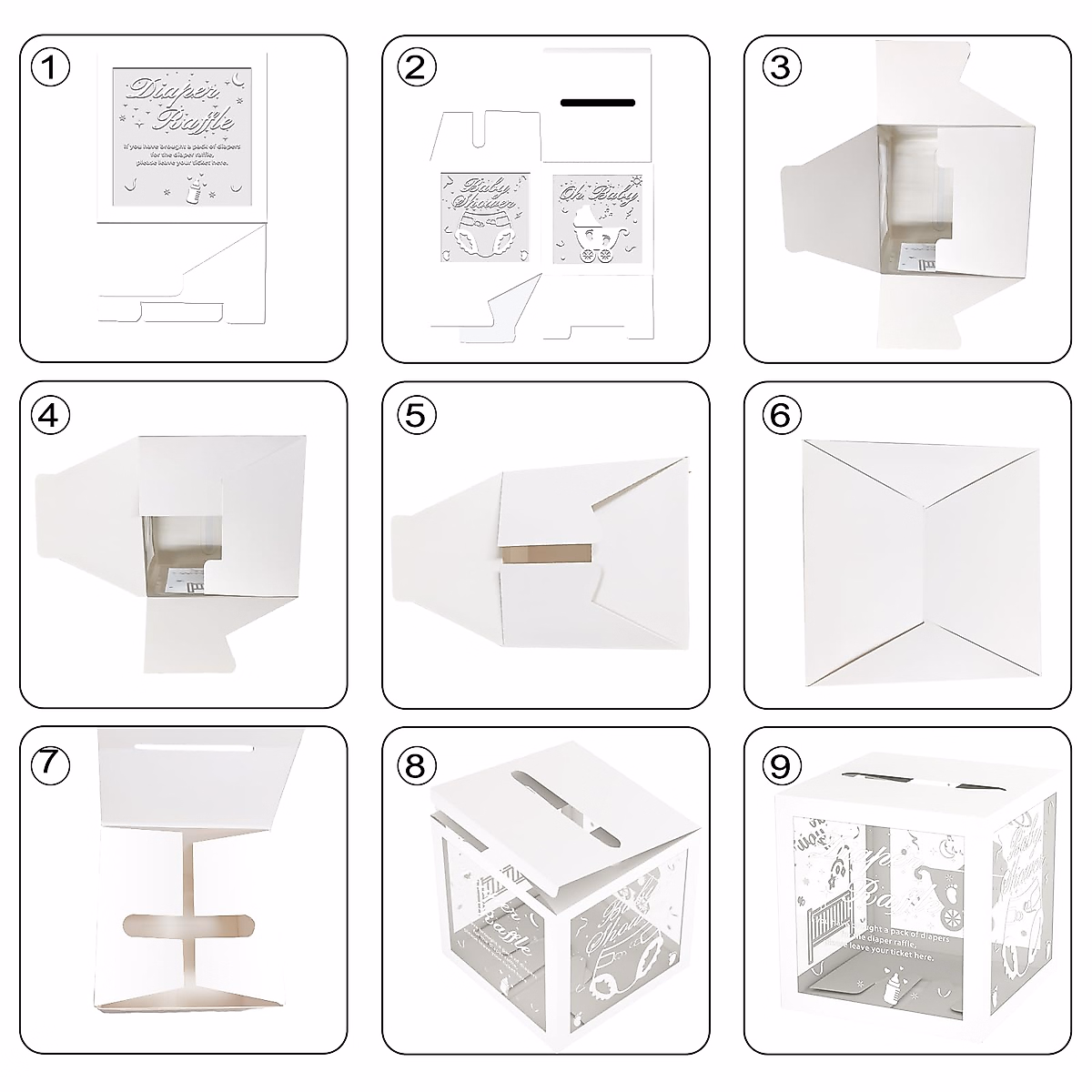 WNINK 50 Pcs Diaper Raffle Tickets with Box for Baby Shower, Diaper Raffle Card Gender Reveal Diaper Raffle Card Box for Baby Shower Games Diaper Raffle Box Party Decorations Table Centerpiece (White)